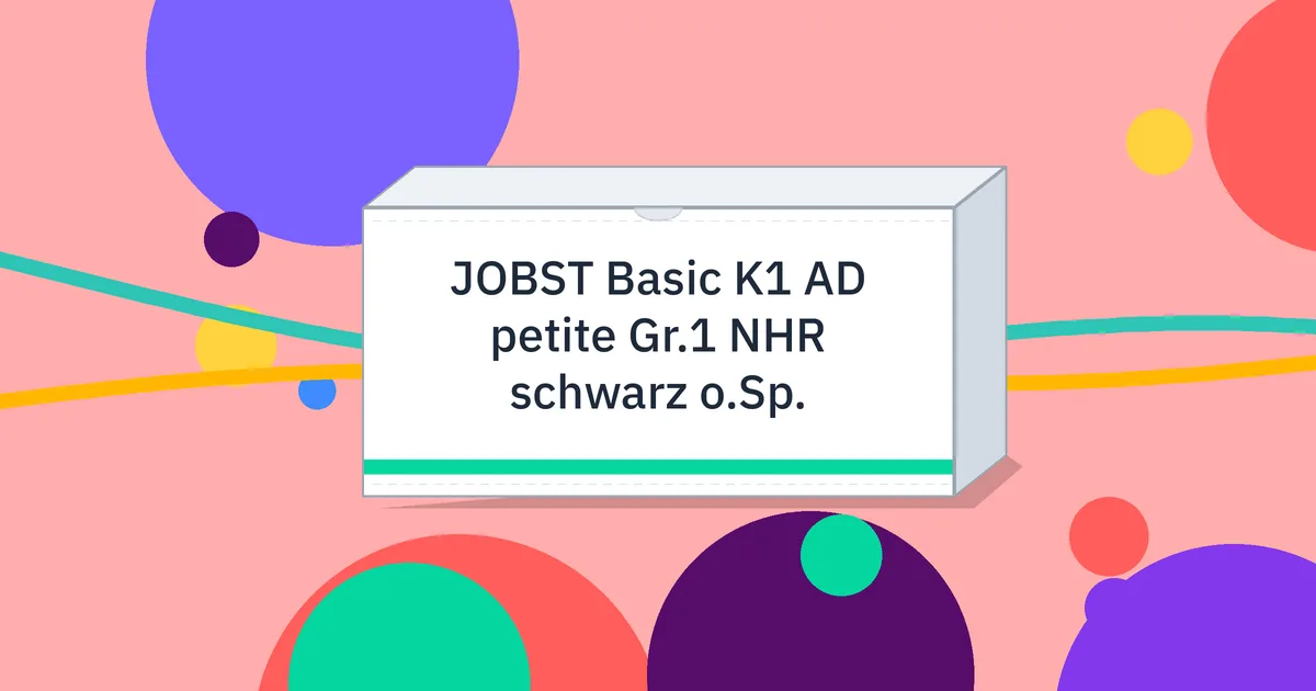 Symbolbild: Packung mit der Aufschrift JOBST Basic K1 AD petite Gr.1 NHR schwarz o.Sp. (PZN 15313489) – Verfügbarkeit und Bezug in Apotheken in Frankfurt am Main