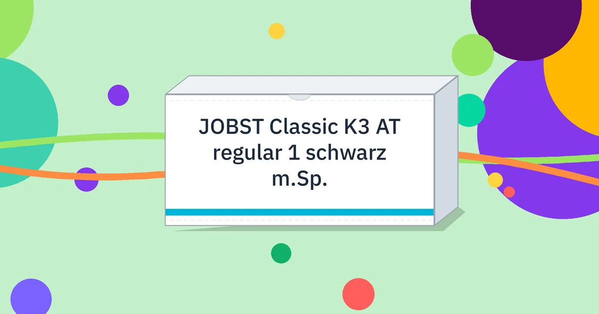 Symbolbild: Packung mit der Aufschrift JOBST Classic K3 AT regular 1 schwarz m.Sp. (PZN 13078104) – Verfügbarkeit und Bezug in Apotheken in Frankfurt am Main