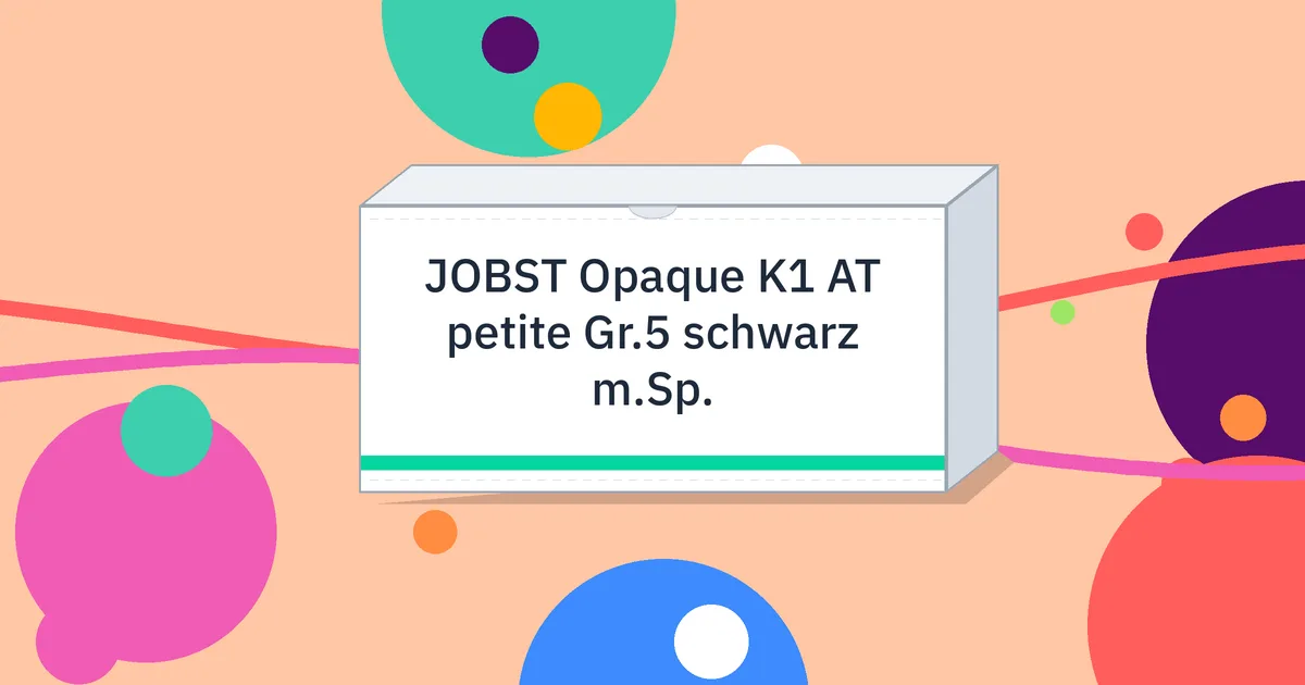 Symbolbild: Packung mit der Aufschrift JOBST Opaque K1 AT petite Gr.5 schwarz m.Sp. (PZN 13103888) – Verfügbarkeit und Bezug in Apotheken in Frankfurt am Main