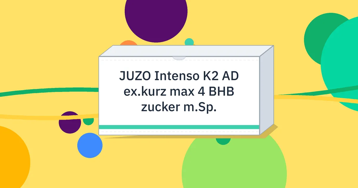 Symbolbild: Packung mit der Aufschrift JUZO Intenso K2 AD ex.kurz max 4 BHB zucker m.Sp. (PZN 18613660) – Verfügbarkeit und Bezug in Apotheken in Frankfurt am Main