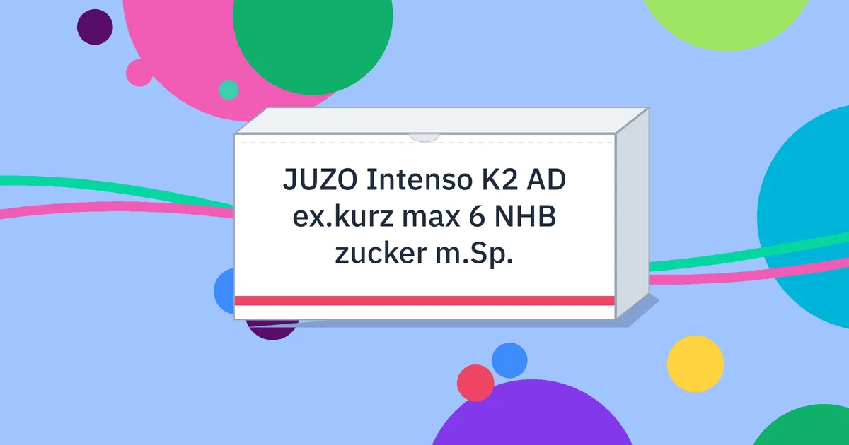 Symbolbild: Packung mit der Aufschrift JUZO Intenso K2 AD ex.kurz max 6 NHB zucker m.Sp. (PZN 18610176) – Verfügbarkeit und Bezug in Apotheken in Frankfurt am Main