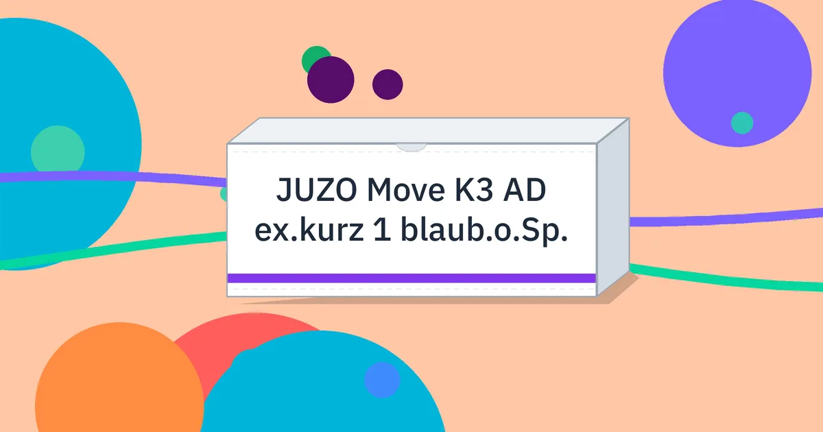 Symbolbild: Packung mit der Aufschrift JUZO Move K3 AD ex.kurz 1 blaub.o.Sp. (PZN 18573765) – Verfügbarkeit und Bezug in Apotheken in Frankfurt am Main