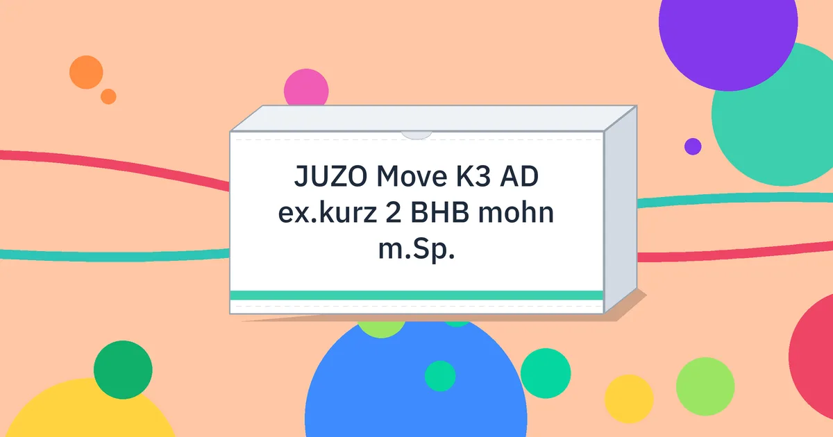 Symbolbild: Packung mit der Aufschrift JUZO Move K3 AD ex.kurz 2 BHB mohn m.Sp. (PZN 18573630) – Verfügbarkeit und Bezug in Apotheken in Frankfurt am Main