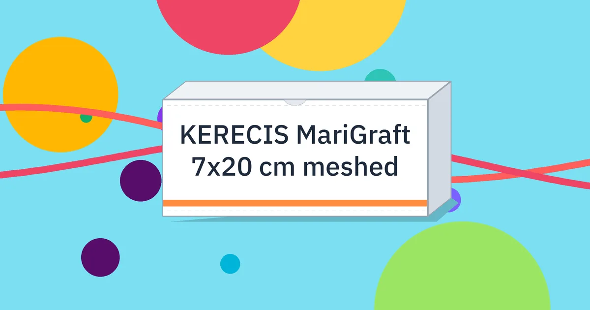 Symbolbild: Packung mit der Aufschrift KERECIS MariGraft 7x20 cm meshed (PZN 20521497) – Verfügbarkeit und Bezug in Apotheken in Frankfurt am Main