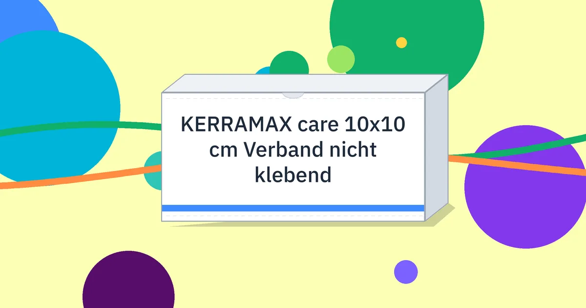 Symbolbild: Packung mit der Aufschrift KERRAMAX care 10x10 cm Verband nicht klebend (PZN 14201297) – Verfügbarkeit und Bezug in Apotheken in Frankfurt am Main