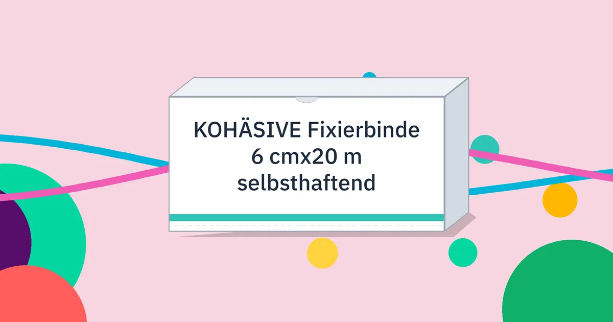 Symbolbild: Packung mit der Aufschrift KOHÄSIVE Fixierbinde 6 cmx20 m selbsthaftend (PZN 17542656) – Verfügbarkeit und Bezug in Apotheken in Frankfurt am Main