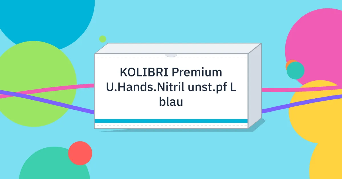 Symbolbild: Packung mit der Aufschrift KOLIBRI Premium U.Hands.Nitril unst.pf L blau (PZN 15199007) – Verfügbarkeit und Bezug in Apotheken in Frankfurt am Main