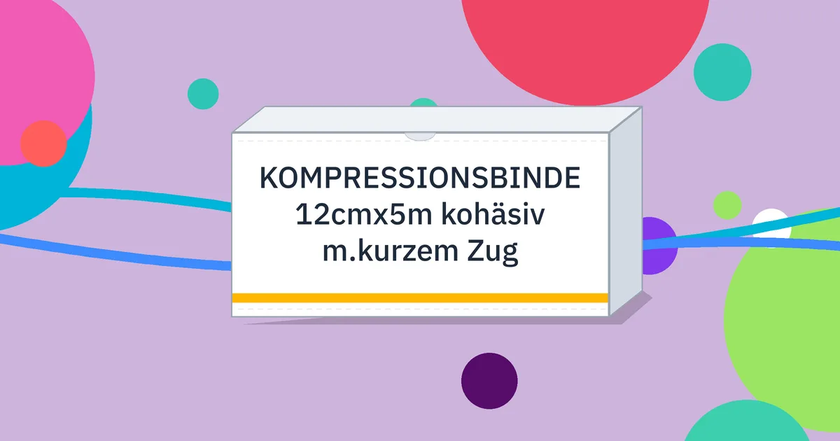 Symbolbild: Packung mit der Aufschrift KOMPRESSIONSBINDE 12cmx5m kohäsiv m.kurzem Zug (PZN 00537065) – Verfügbarkeit und Bezug in Apotheken in Frankfurt am Main