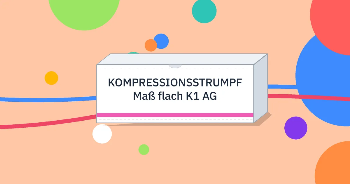 Symbolbild: Packung mit der Aufschrift KOMPRESSIONSSTRUMPF Maß flach K1 AG (PZN 16745311) – Verfügbarkeit und Bezug in Apotheken in Frankfurt am Main