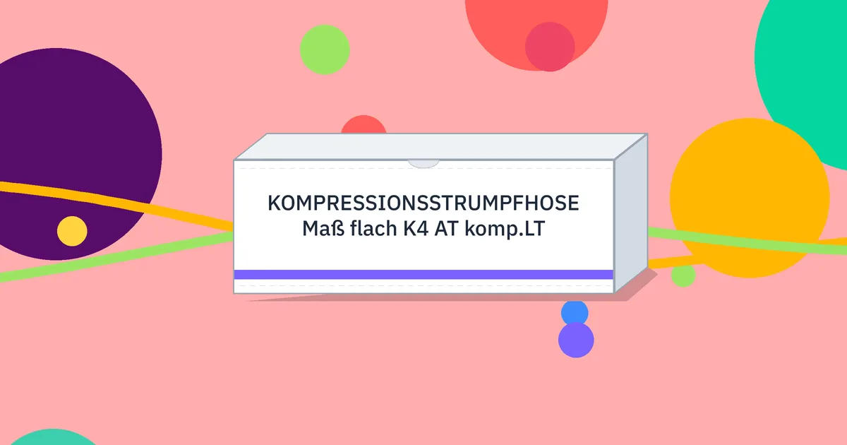 Symbolbild: Packung mit der Aufschrift KOMPRESSIONSSTRUMPFHOSE Maß flach K4 AT komp.LT (PZN 19998142) – Verfügbarkeit und Bezug in Apotheken in Frankfurt am Main