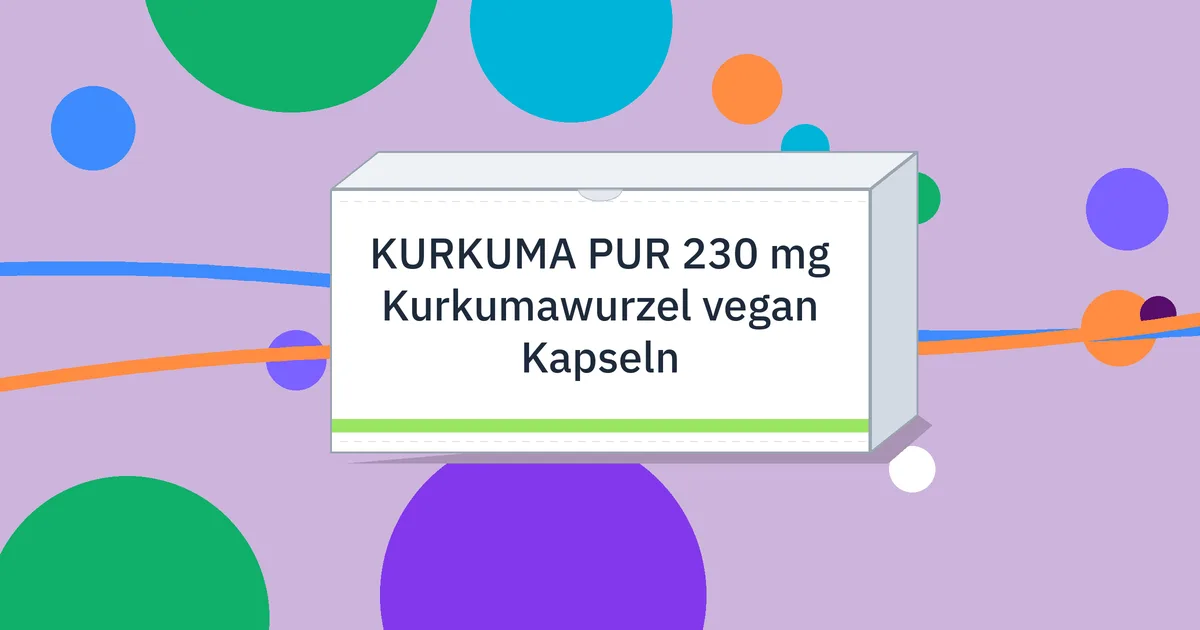 Symbolbild: Packung mit der Aufschrift KURKUMA PUR 230 mg Kurkumawurzel vegan Kapseln (PZN 18910174) – Verfügbarkeit und Bezug in Apotheken in Frankfurt am Main