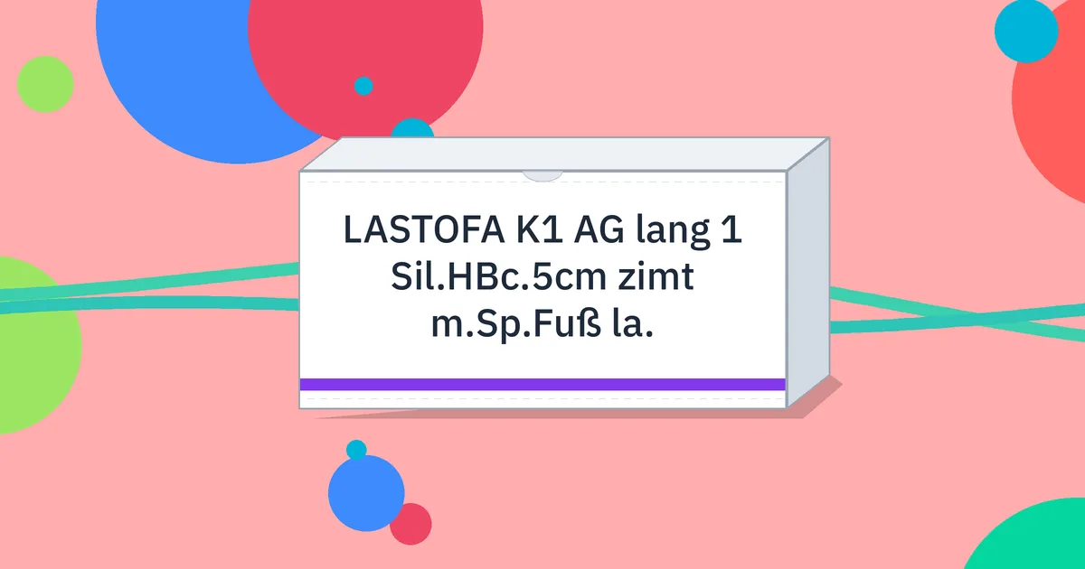 Symbolbild: Packung mit der Aufschrift LASTOFA K1 AG lang 1 Sil.HBc.5cm zimt m.Sp.Fuß la. (PZN 13788662) – Verfügbarkeit und Bezug in Apotheken in Frankfurt am Main