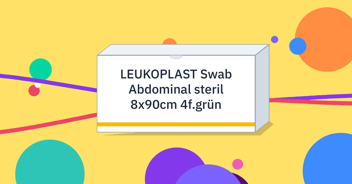 Symbolbild: Packung mit der Aufschrift LEUKOPLAST Swab Abdominal steril 8x90cm 4f.grün (PZN 17208041) – Verfügbarkeit und Bezug in Apotheken in Frankfurt am Main