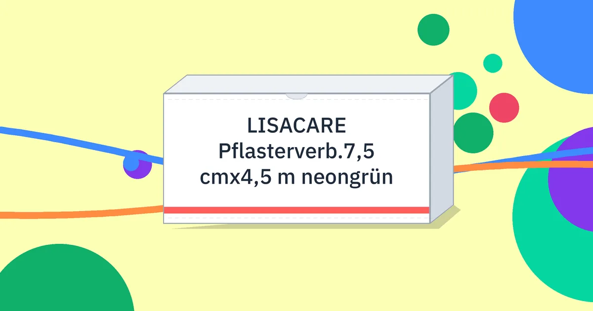 Symbolbild: Packung mit der Aufschrift LISACARE Pflasterverb.7,5 cmx4,5 m neongrün (PZN 17892592) – Verfügbarkeit und Bezug in Apotheken in Frankfurt am Main