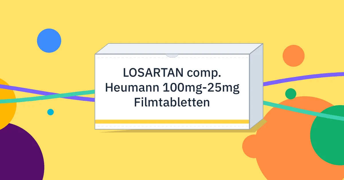 Symbolbild: Packung mit der Aufschrift LOSARTAN comp. Heumann 100mg-25mg Filmtabletten (PZN 06141983) – Verfügbarkeit und Bezug in Apotheken in Frankfurt am Main
