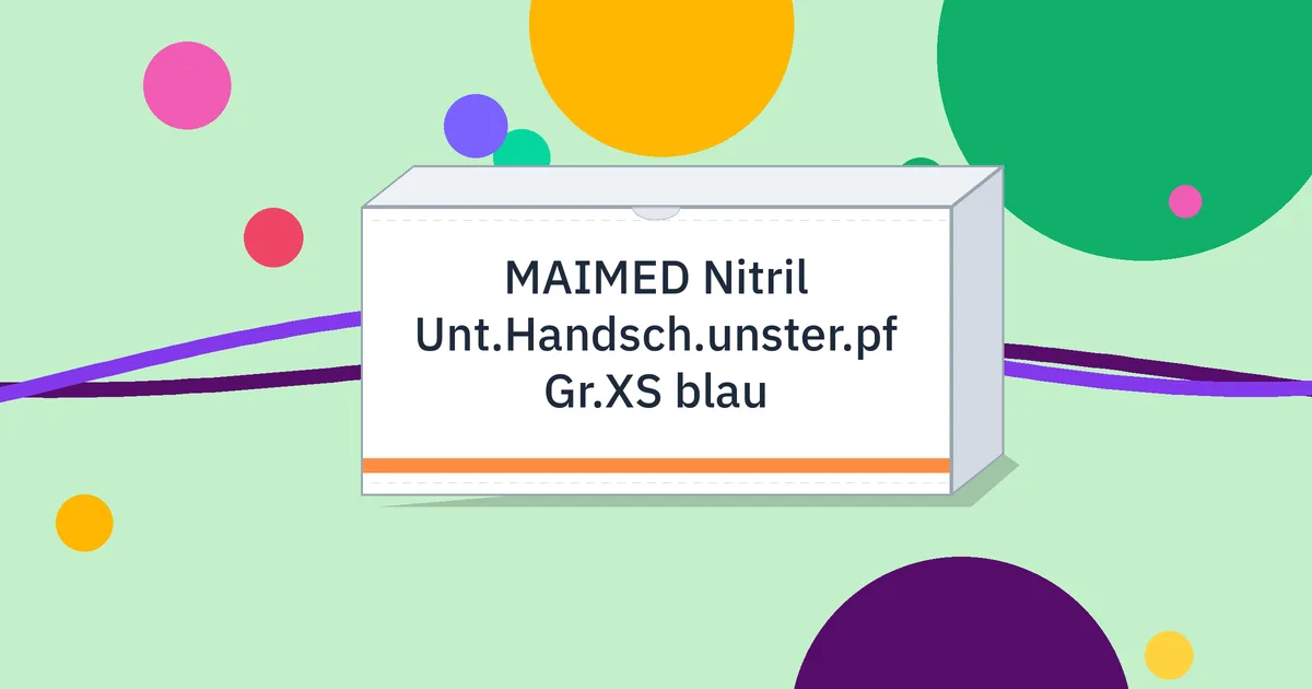 Symbolbild: Packung mit der Aufschrift MAIMED Nitril Unt.Handsch.unster.pf Gr.XS blau (PZN 05013800) – Verfügbarkeit und Bezug in Apotheken in Frankfurt am Main