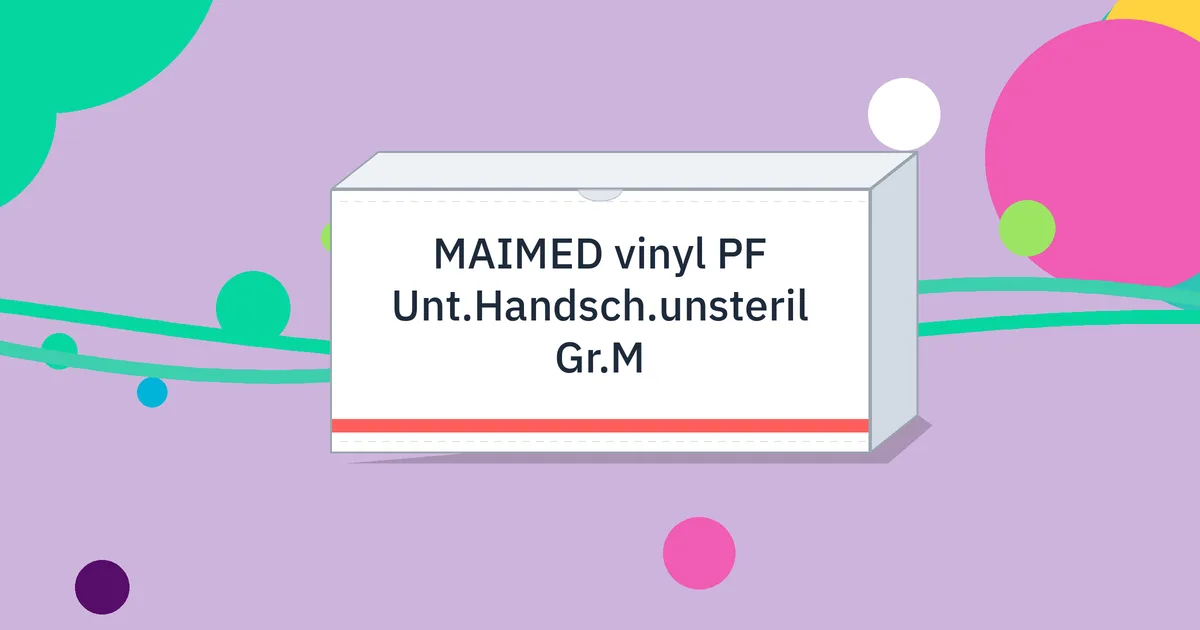 Symbolbild: Packung mit der Aufschrift MAIMED vinyl PF Unt.Handsch.unsteril Gr.M (PZN 00749206) – Verfügbarkeit und Bezug in Apotheken in Frankfurt am Main