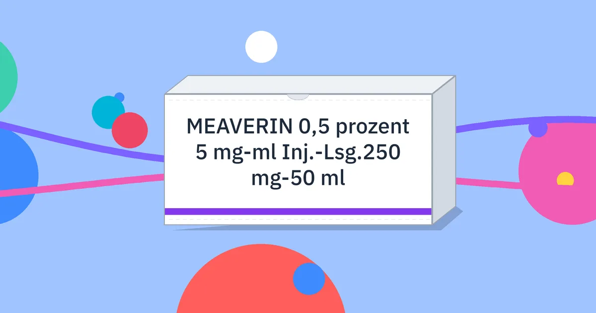 Symbolbild: Packung mit der Aufschrift MEAVERIN 0,5 prozent 5 mg-ml Inj.-Lsg.250 mg-50 ml (PZN 11356148) – Verfügbarkeit und Bezug in Apotheken in Frankfurt am Main