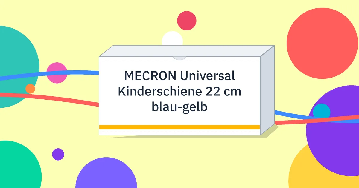 Symbolbild: Packung mit der Aufschrift MECRON Universal Kinderschiene 22 cm blau-gelb (PZN 02907483) – Verfügbarkeit und Bezug in Apotheken in Frankfurt am Main