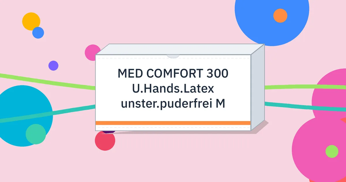 Symbolbild: Packung mit der Aufschrift MED COMFORT 300 U.Hands.Latex unster.puderfrei M (PZN 15785231) – Verfügbarkeit und Bezug in Apotheken in Frankfurt am Main