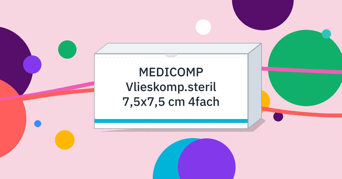 Symbolbild: Packung mit der Aufschrift MEDICOMP Vlieskomp.steril 7,5x7,5 cm 4fach (PZN 19367364) – Verfügbarkeit und Bezug in Apotheken in Frankfurt am Main