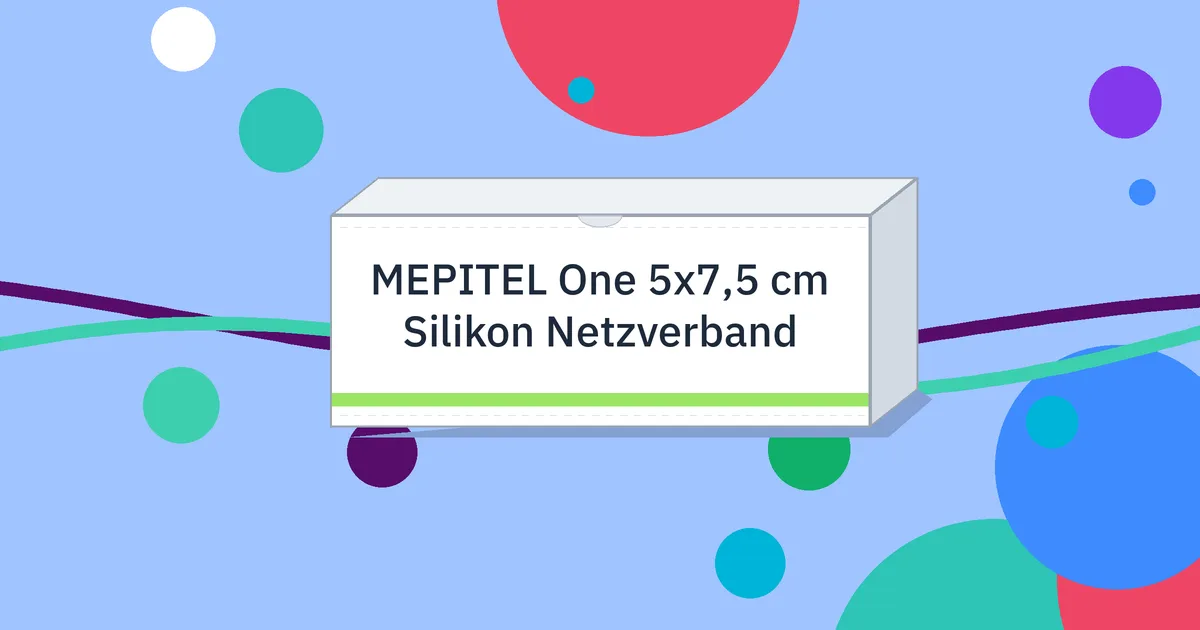 Symbolbild: Packung mit der Aufschrift MEPITEL One 5x7,5 cm Silikon Netzverband (PZN 17606043) – Verfügbarkeit und Bezug in Apotheken in Frankfurt am Main