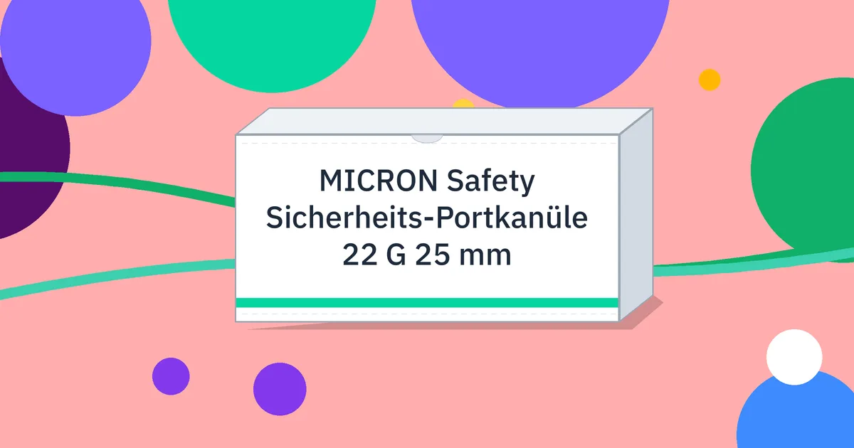 Symbolbild: Packung mit der Aufschrift MICRON Safety Sicherheits-Portkanüle 22 G 25 mm (PZN 19113379) – Verfügbarkeit und Bezug in Apotheken in Frankfurt am Main