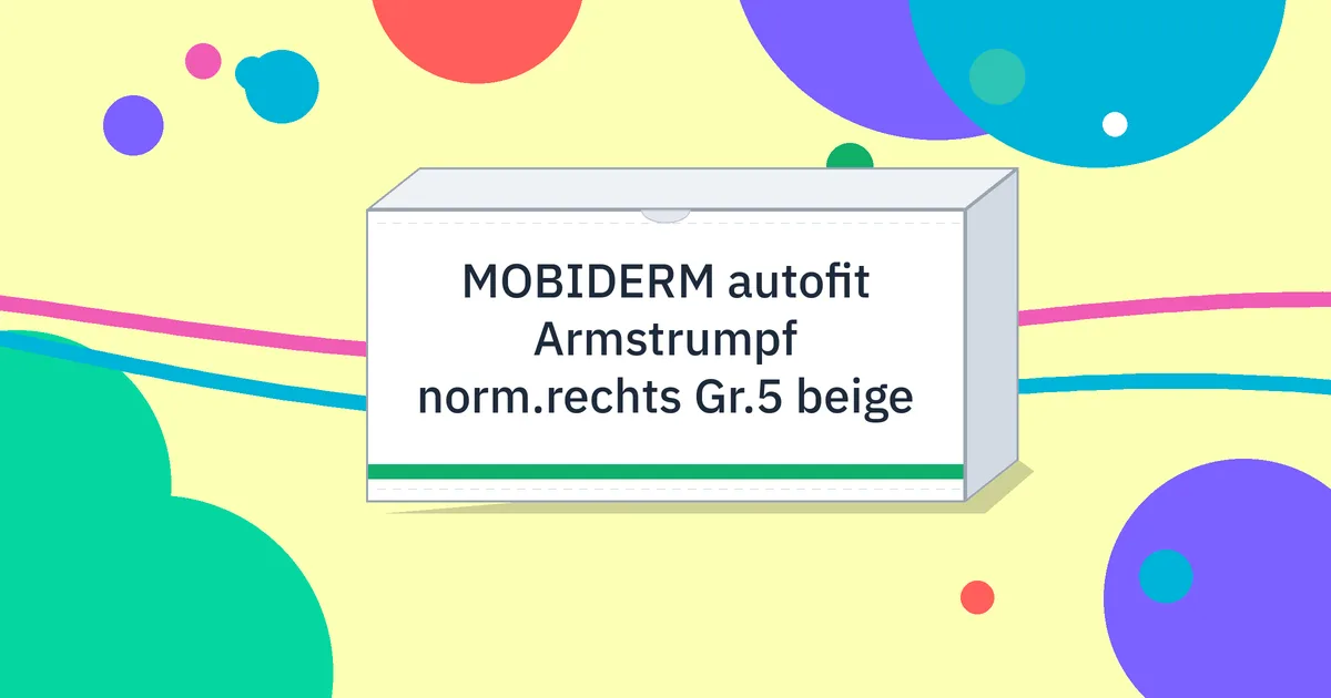 Symbolbild: Packung mit der Aufschrift MOBIDERM autofit Armstrumpf norm.rechts Gr.5 beige (PZN 13969760) – Verfügbarkeit und Bezug in Apotheken in Frankfurt am Main