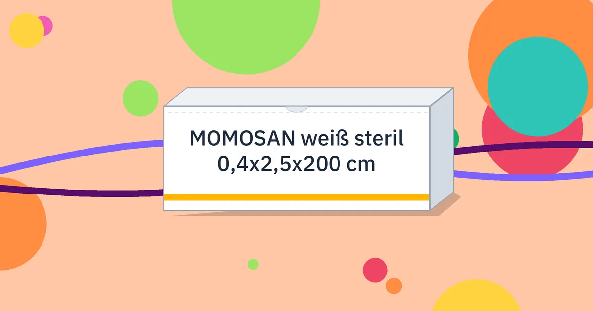 Symbolbild: Packung mit der Aufschrift MOMOSAN weiß steril 0,4x2,5x200 cm (PZN 02408432) – Verfügbarkeit und Bezug in Apotheken in Frankfurt am Main