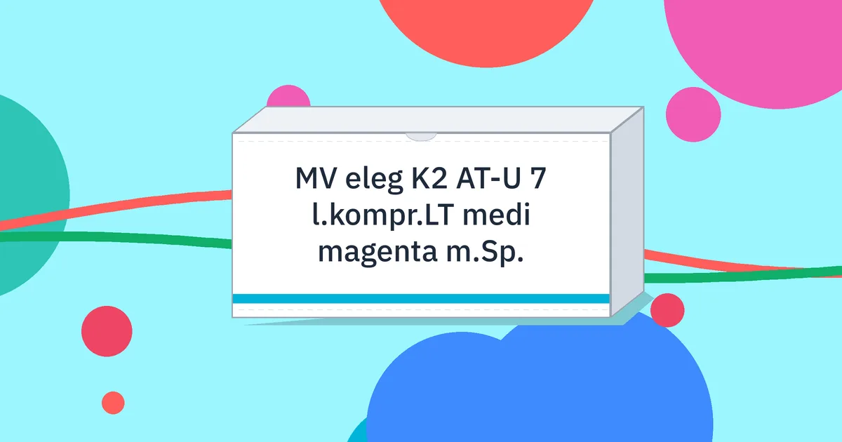 Symbolbild: Packung mit der Aufschrift MV eleg K2 AT-U 7 l.kompr.LT medi magenta m.Sp. (PZN 15289791) – Verfügbarkeit und Bezug in Apotheken in Frankfurt am Main