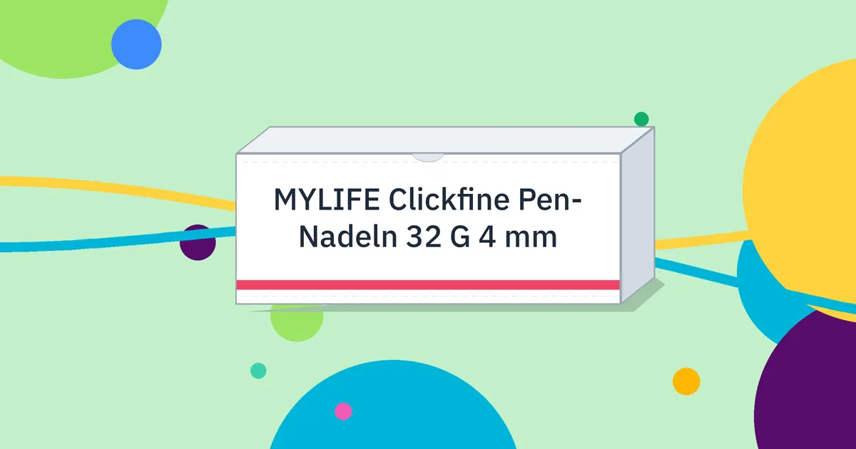 Symbolbild: Packung mit der Aufschrift MYLIFE Clickfine Pen-Nadeln 32 G 4 mm (PZN 20837473) – Verfügbarkeit und Bezug in Apotheken in Frankfurt am Main