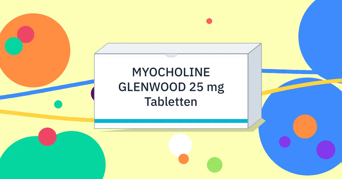Symbolbild: Packung mit der Aufschrift MYOCHOLINE GLENWOOD 25 mg Tabletten (PZN 06983417) – Verfügbarkeit und Bezug in Apotheken in Frankfurt am Main