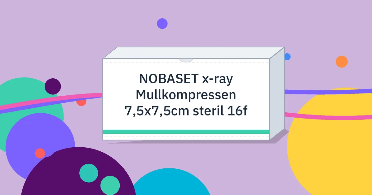 Symbolbild: Packung mit der Aufschrift NOBASET x-ray Mullkompressen 7,5x7,5cm steril 16f (PZN 17905998) – Verfügbarkeit und Bezug in Apotheken in Frankfurt am Main
