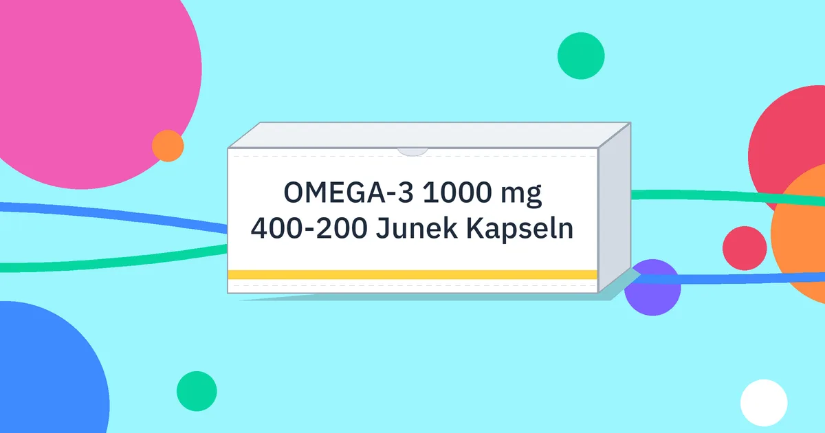 Symbolbild: Packung mit der Aufschrift OMEGA-3 1000 mg 400-200 Junek Kapseln (PZN 11189673) – Verfügbarkeit und Bezug in Apotheken in Frankfurt am Main
