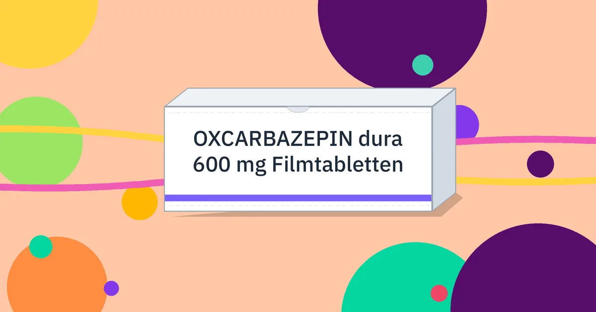 Symbolbild: Packung mit der Aufschrift OXCARBAZEPIN dura 600 mg Filmtabletten (PZN 20420514) – Verfügbarkeit und Bezug in Apotheken in Frankfurt am Main