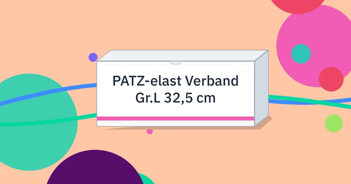 Symbolbild: Packung mit der Aufschrift PATZ-elast Verband Gr.L 32,5 cm (PZN 06815281) – Verfügbarkeit und Bezug in Apotheken in Frankfurt am Main