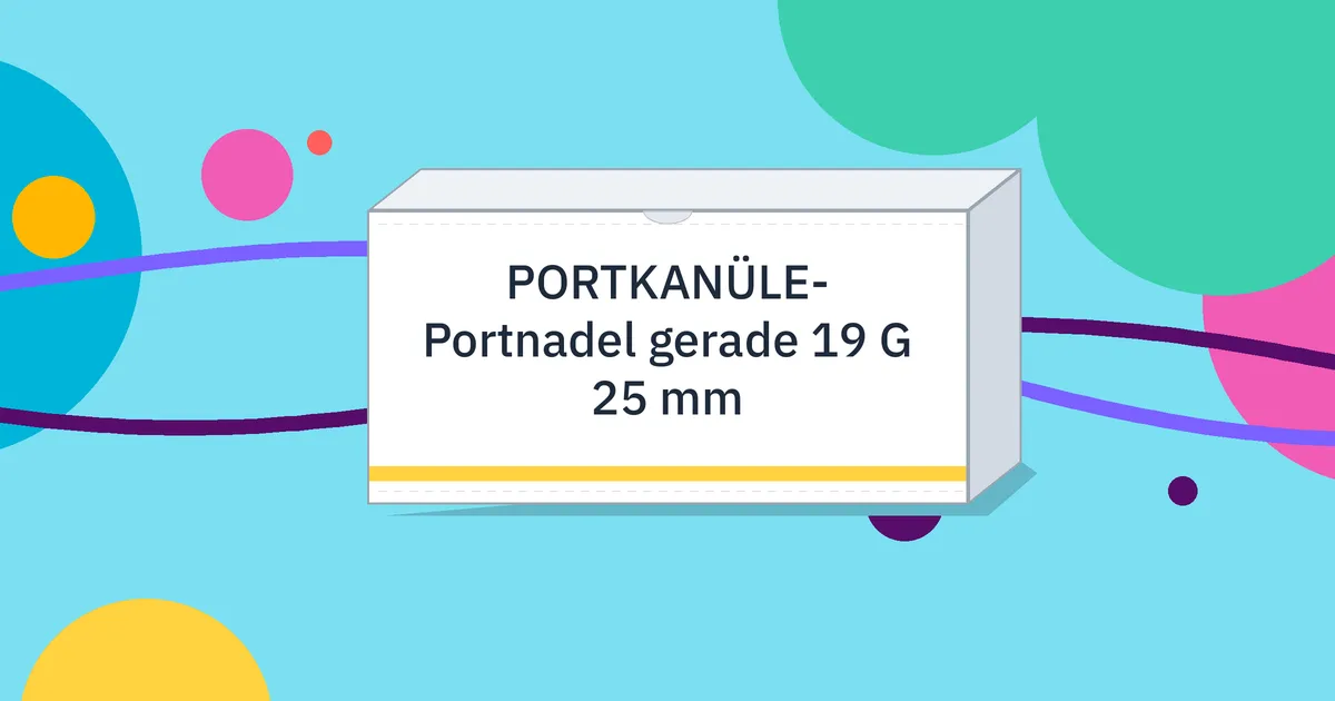 Symbolbild: Packung mit der Aufschrift PORTKANÜLE-Portnadel gerade 19 G 25 mm (PZN 10010896) – Verfügbarkeit und Bezug in Apotheken in Frankfurt am Main