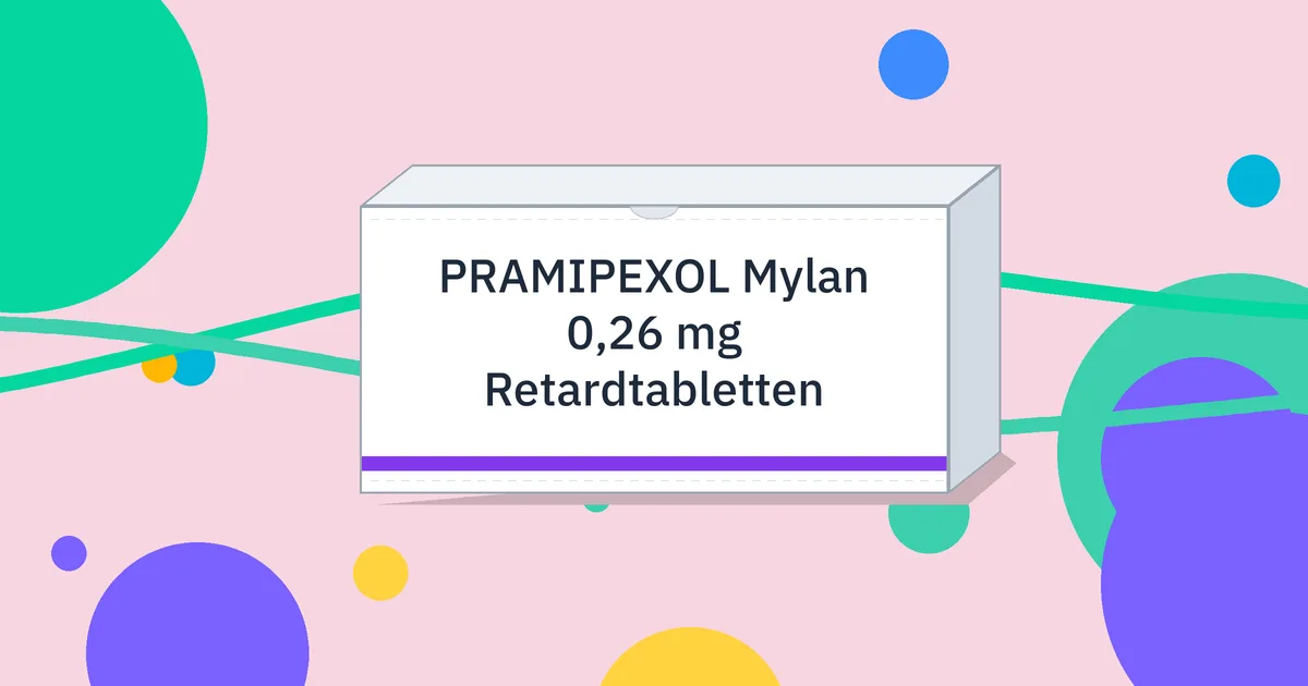 Symbolbild: Packung mit der Aufschrift PRAMIPEXOL Mylan 0,26 mg Retardtabletten (PZN 11095618) – Verfügbarkeit und Bezug in Apotheken in Frankfurt am Main