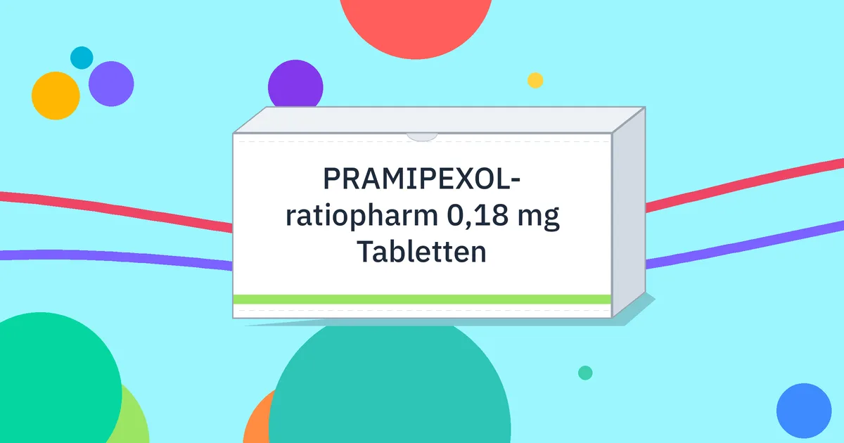 Symbolbild: Packung mit der Aufschrift PRAMIPEXOL-ratiopharm 0,18 mg Tabletten (PZN 06489769) – Verfügbarkeit und Bezug in Apotheken in Frankfurt am Main