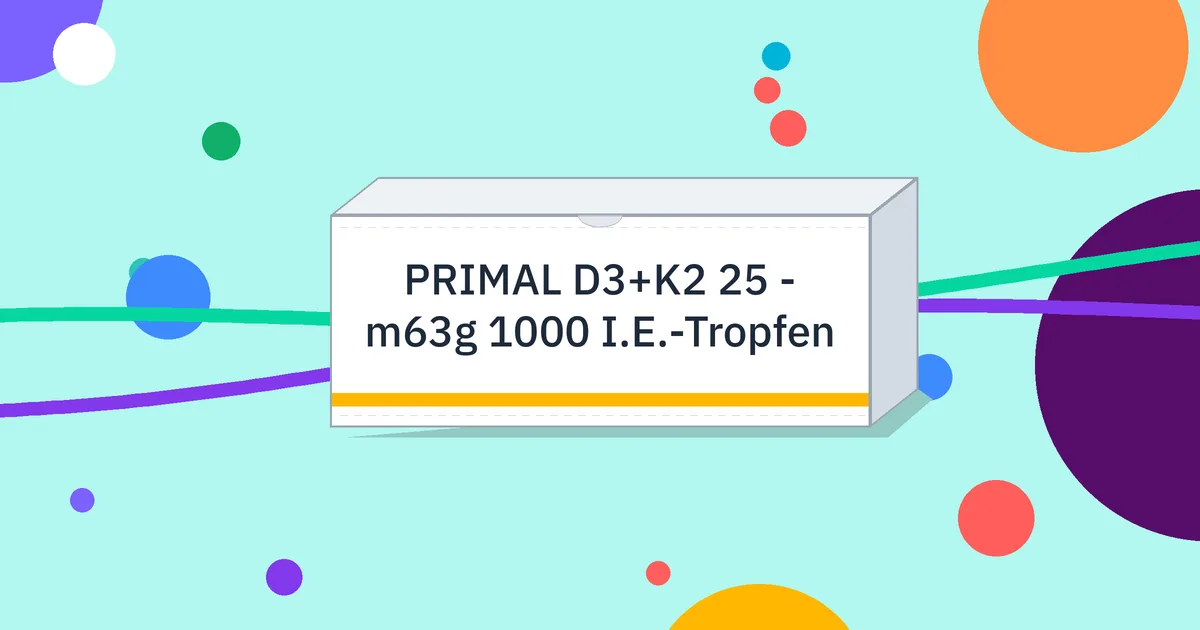 Symbolbild: Packung mit der Aufschrift PRIMAL D3+K2 25 -m63g 1000 I.E.-Tropfen (PZN 16204555) – Verfügbarkeit und Bezug in Apotheken in Frankfurt am Main