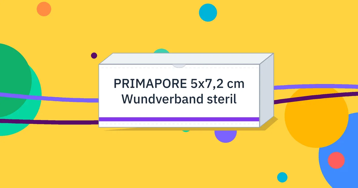 Symbolbild: Packung mit der Aufschrift PRIMAPORE 5x7,2 cm Wundverband steril (PZN 16165074) – Verfügbarkeit und Bezug in Apotheken in Frankfurt am Main