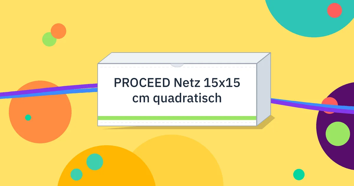 Symbolbild: Packung mit der Aufschrift PROCEED Netz 15x15 cm quadratisch (PZN 20855241) – Verfügbarkeit und Bezug in Apotheken in Frankfurt am Main