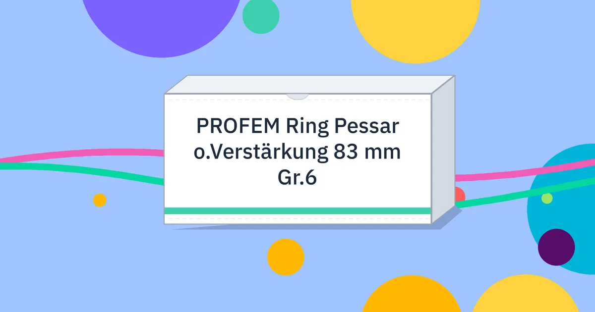 Symbolbild: Packung mit der Aufschrift PROFEM Ring Pessar o.Verstärkung 83 mm Gr.6 (PZN 11672352) – Verfügbarkeit und Bezug in Apotheken in Frankfurt am Main