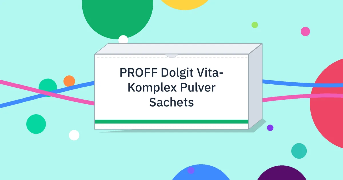 Symbolbild: Packung mit der Aufschrift PROFF Dolgit Vita-Komplex Pulver Sachets (PZN 19873104) – Verfügbarkeit und Bezug in Apotheken in Frankfurt am Main