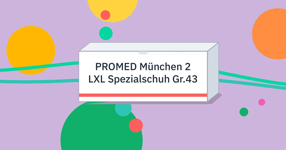 Symbolbild: Packung mit der Aufschrift PROMED München 2 LXL Spezialschuh Gr.43 (PZN 05482966) – Verfügbarkeit und Bezug in Apotheken in Frankfurt am Main