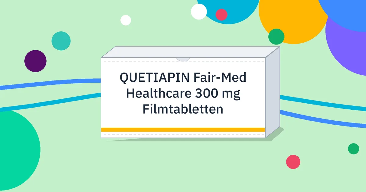 Symbolbild: Packung mit der Aufschrift QUETIAPIN Fair-Med Healthcare 300 mg Filmtabletten (PZN 12494792) – Verfügbarkeit und Bezug in Apotheken in Frankfurt am Main