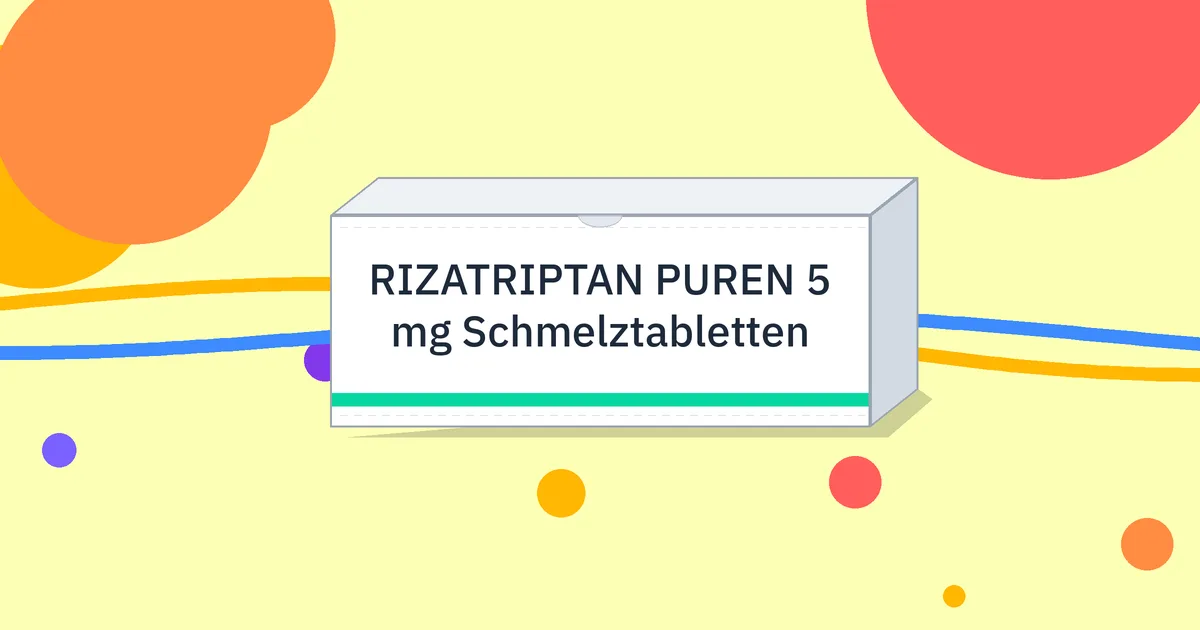 Symbolbild: Packung mit der Aufschrift RIZATRIPTAN PUREN 5 mg Schmelztabletten (PZN 14299178) – Verfügbarkeit und Bezug in Apotheken in Frankfurt am Main