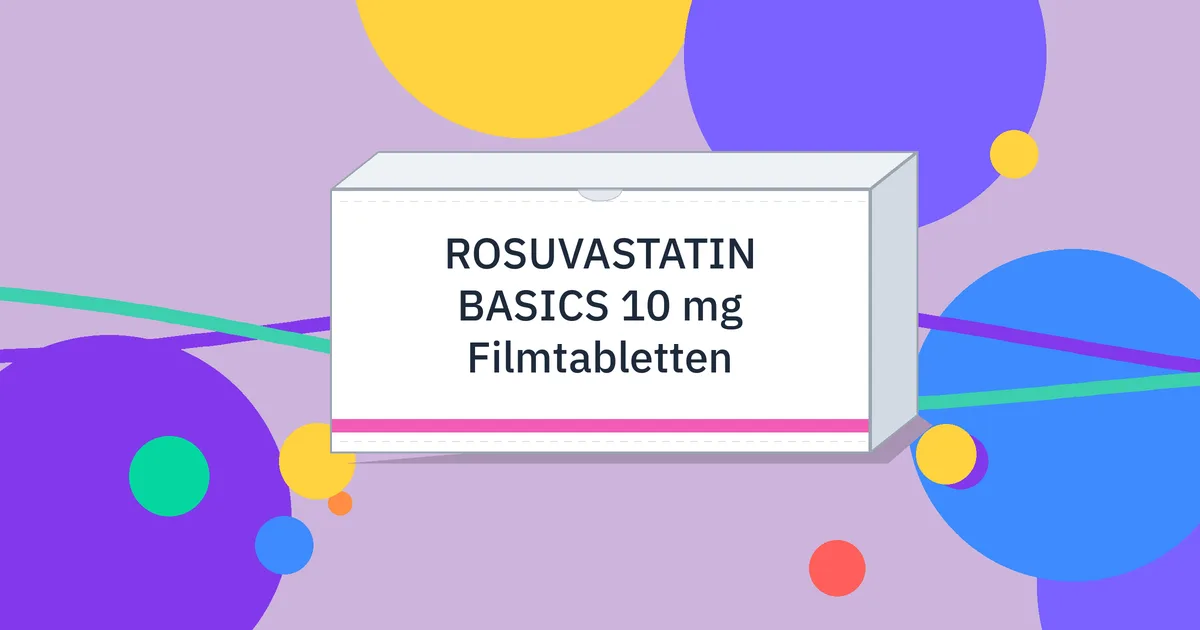Symbolbild: Packung mit der Aufschrift ROSUVASTATIN BASICS 10 mg Filmtabletten (PZN 19621348) – Verfügbarkeit und Bezug in Apotheken in Frankfurt am Main