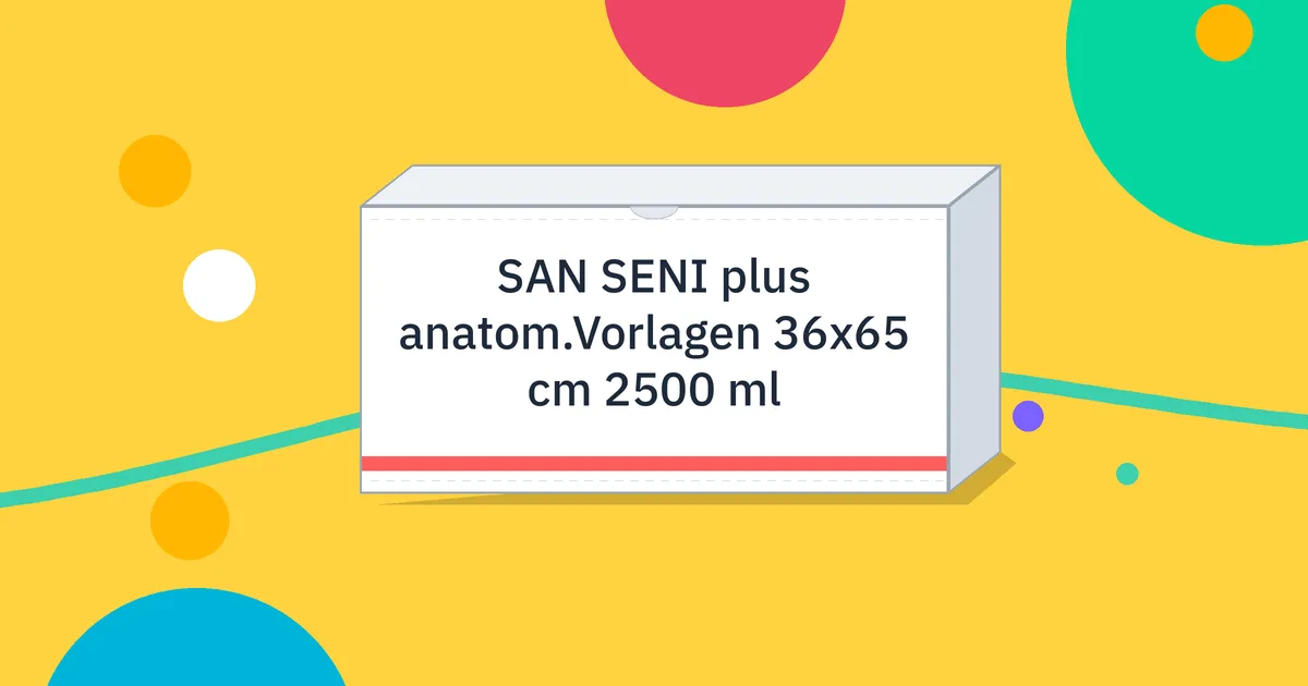 Symbolbild: Packung mit der Aufschrift SAN SENI plus anatom.Vorlagen 36x65 cm 2500 ml (PZN 12393223) – Verfügbarkeit und Bezug in Apotheken in Frankfurt am Main