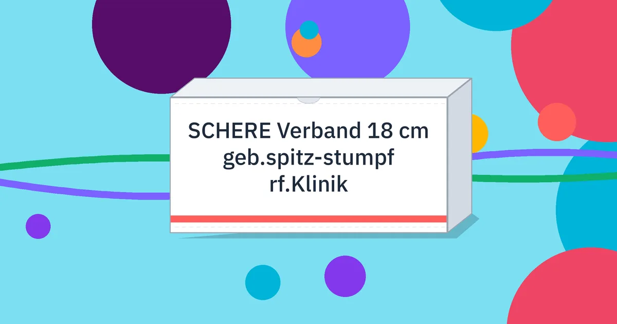 Symbolbild: Packung mit der Aufschrift SCHERE Verband 18 cm geb.spitz-stumpf rf.Klinik (PZN 10915605) – Verfügbarkeit und Bezug in Apotheken in Frankfurt am Main